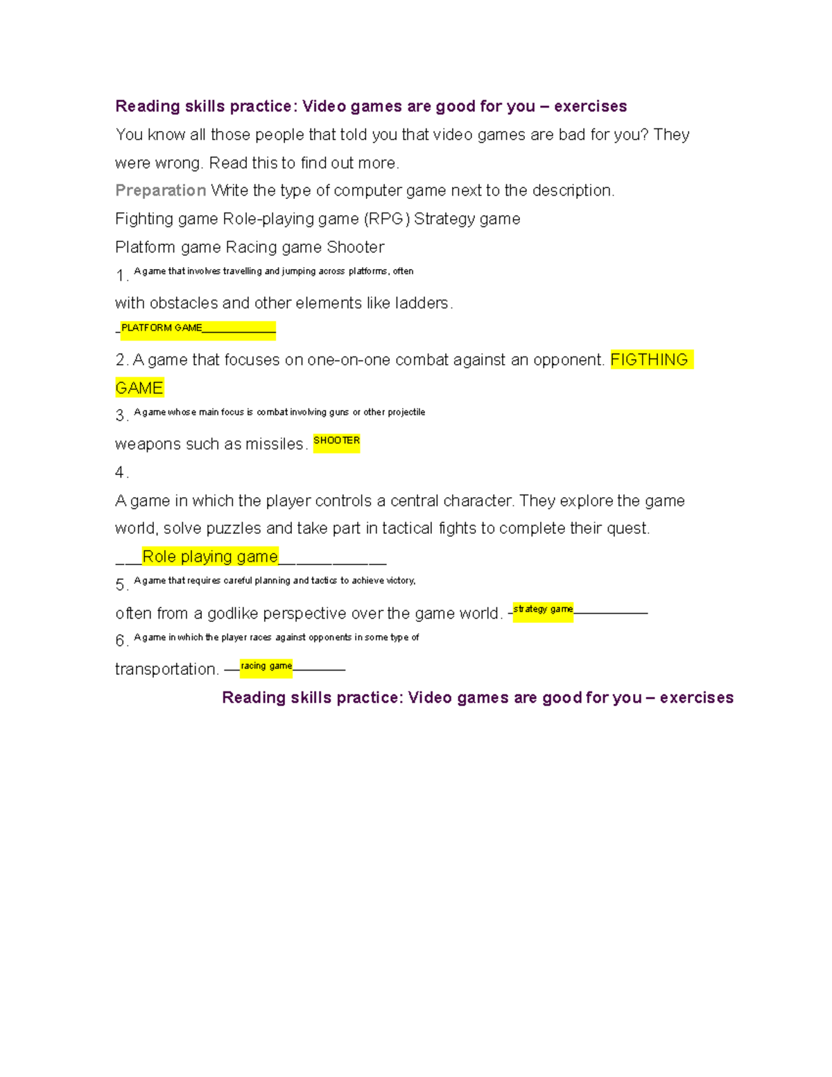 Actividad Ingles - Reading skills practice: Video games are good for ...