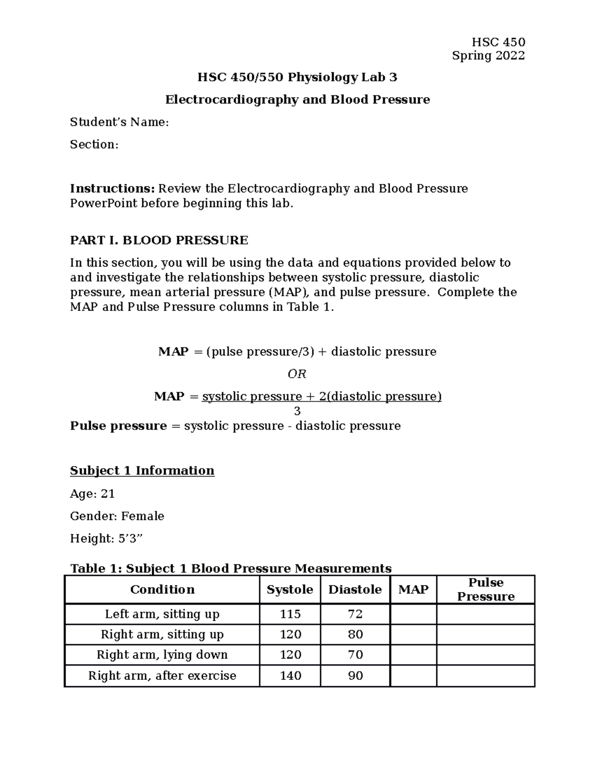 Blood Pressure Lab #3 - notes - Spring 2022 HSC 450/550 Physiology Lab ...