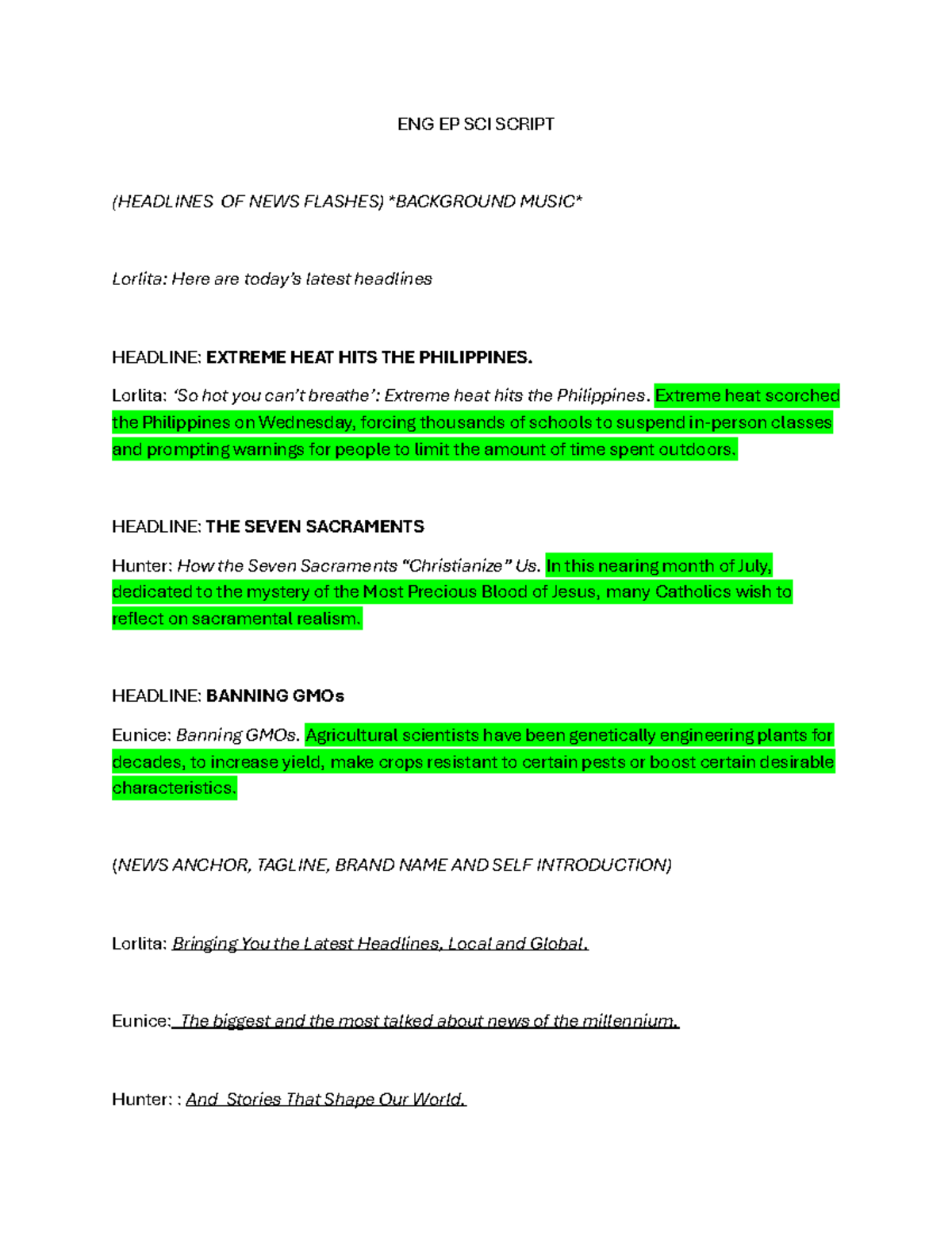 Eng-script for second year nursing - ENG EP SCI SCRIPT (HEADLINES OF NEWS FLASHES) BACKGROUND ...