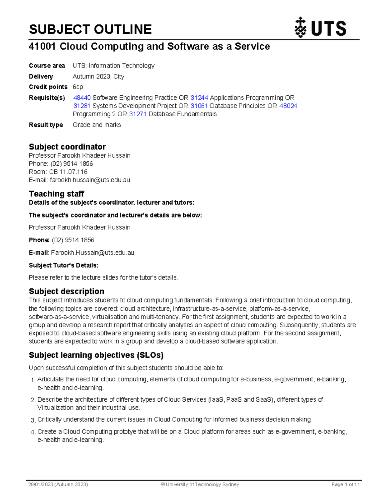Cloud and saas outline - SUBJECT OUTLINE 41001 Cloud Computing and Software as a Service Subject ...