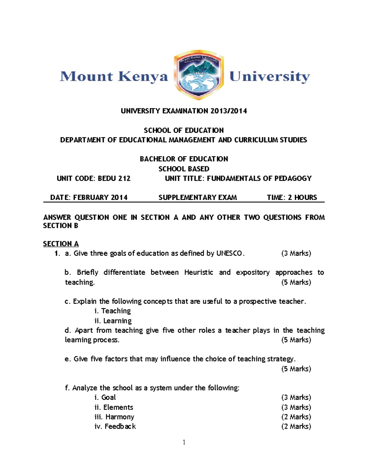 BEDU 212 Fundamentals OF Pedagogy supp-sb - UNIVERSITY EXAMINATION 2013 ...