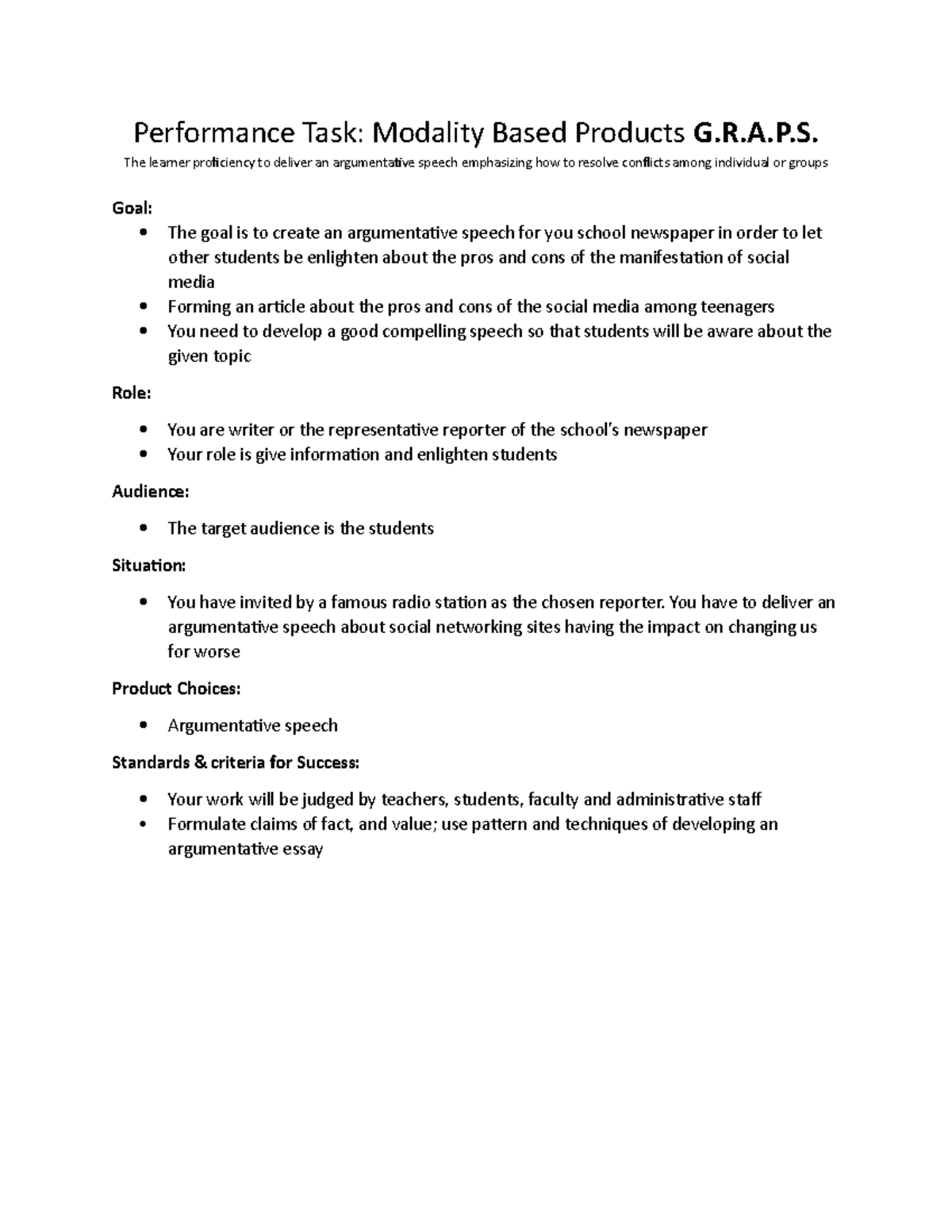 Grasp on curriculum development - Performance Task: Modality Based ...