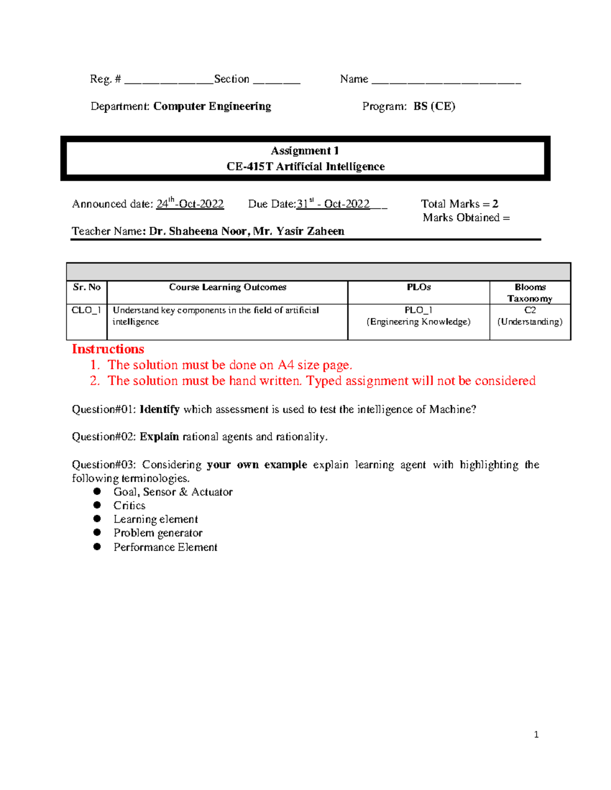 7. Assignment 1 - lecture - 1 Reg. # _______________Section ________ Name ...