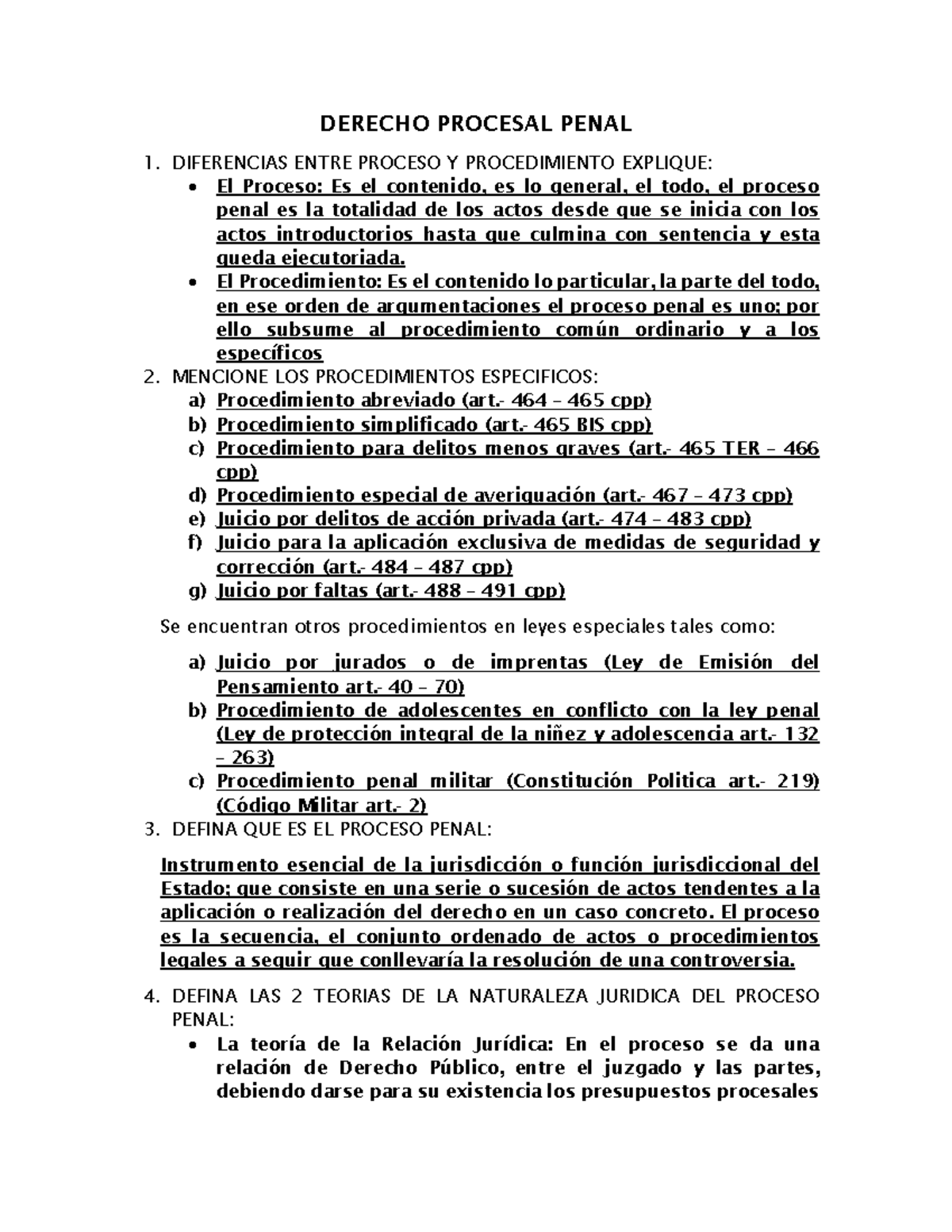 Procesal penal - DERECHO PROCESAL PENAL 1. DIFERENCIAS ENTRE PROCESO Y PROCEDIMIENTO EXPLIQUE ...