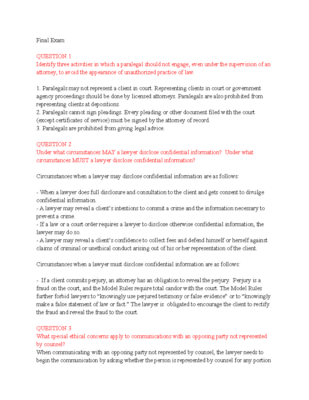 LGLA 2307 - Final Exam - Final Exam QUESTION 1 Identify three ...