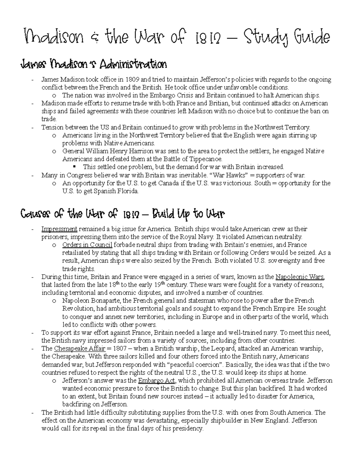 Madison and the War of 1812 Study Guide - Madison & the War of 1812 ...
