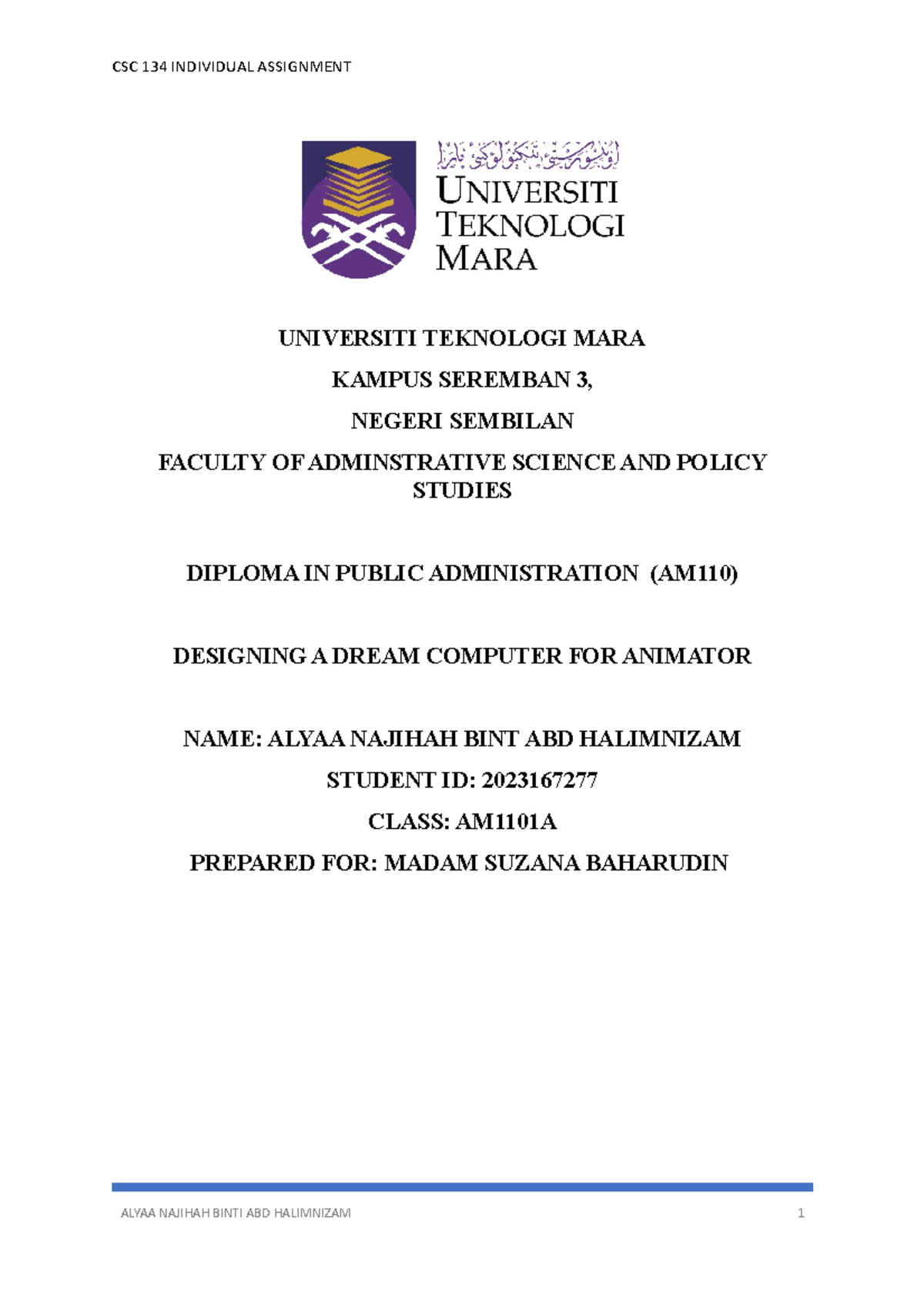 Assignment Individual Csc Universiti Teknologi Mara Kampus Seremban 3 Negeri Sembilan Faculty