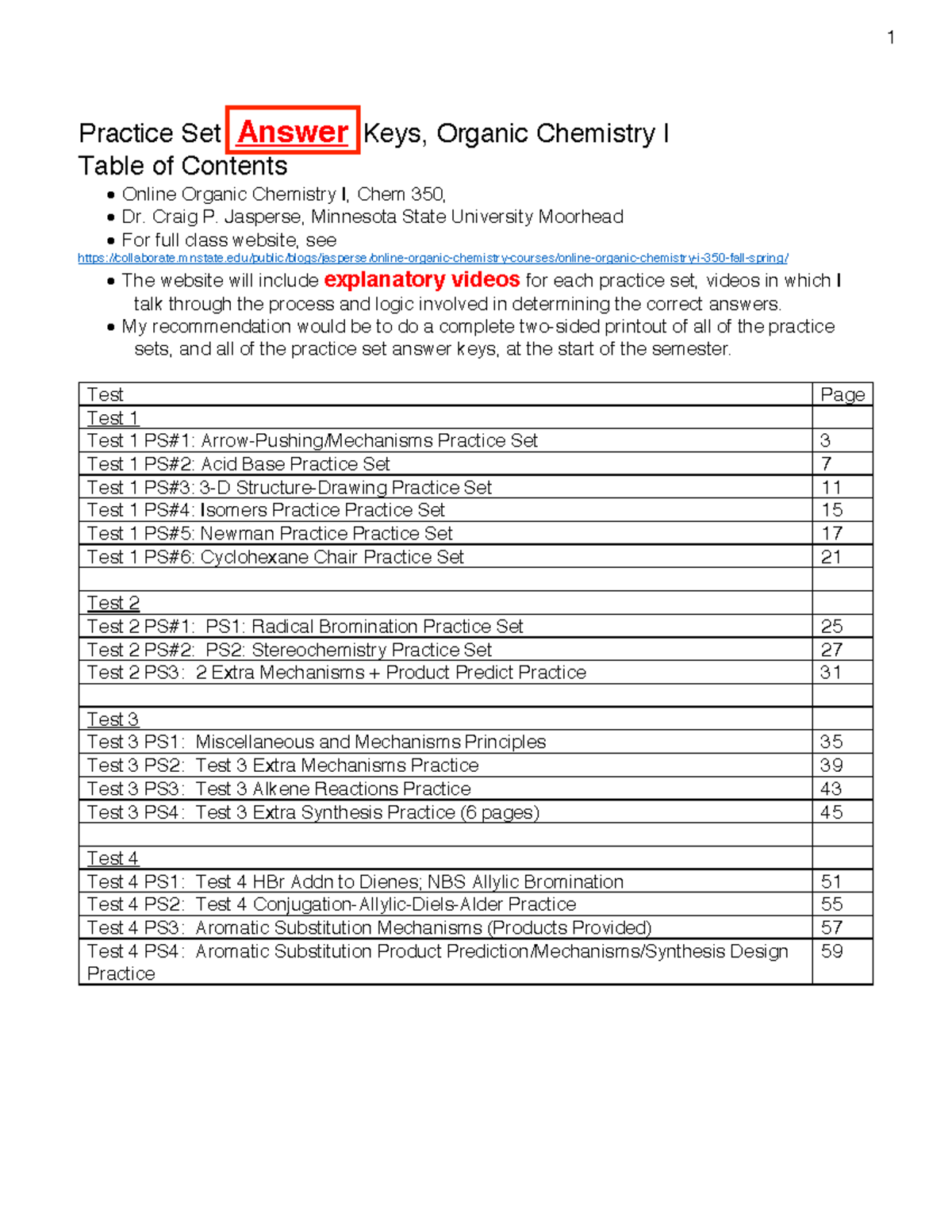 Practice Sets Answers All Organic Chemistry 1 - Practice Set Answer ...