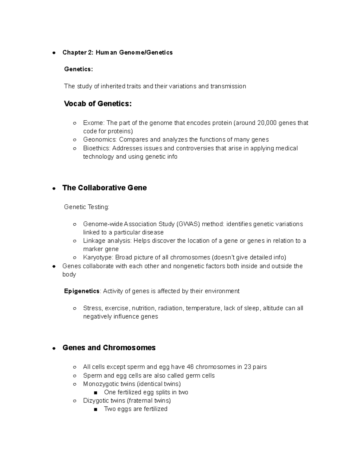 Developmental Psych Notes Chapter 2 - Chapter 2: Human Genome/Genetics ...
