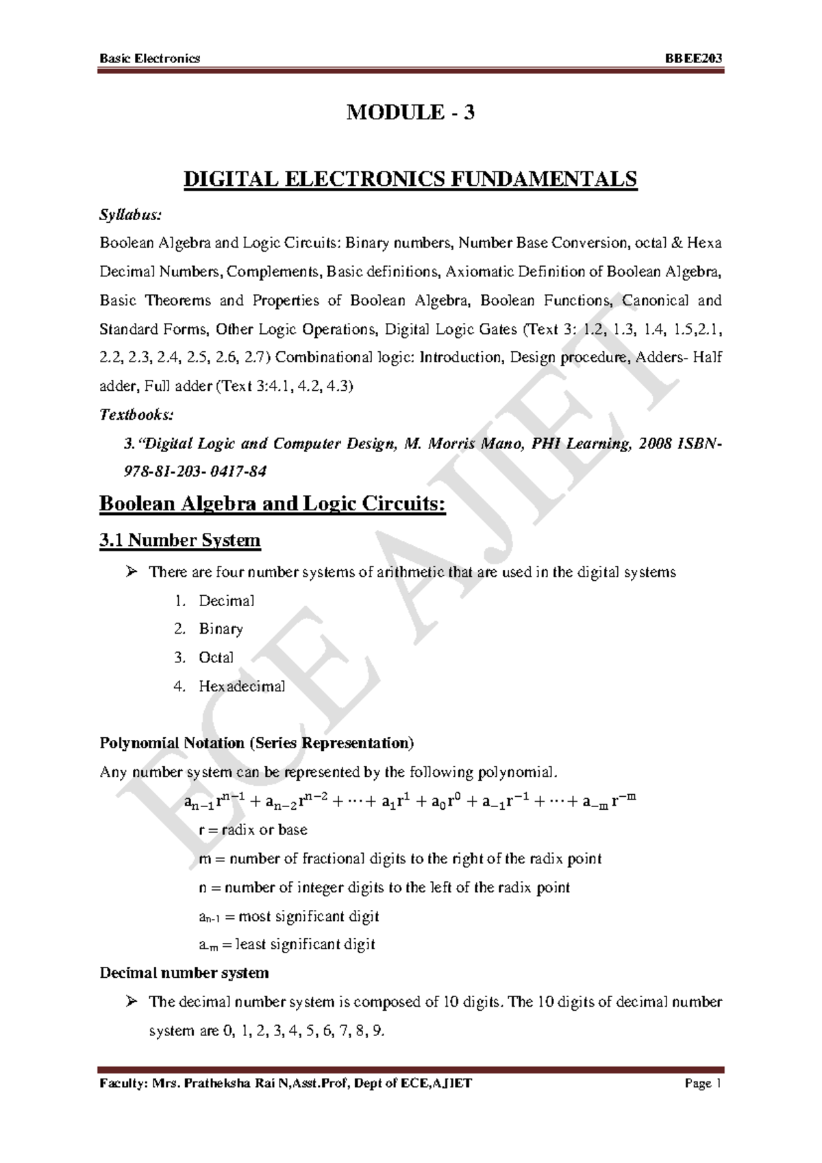 BBEE103 MOD4 - Solutions - MODULE - 3 DIGITAL ELECTRONICS FUNDAMENTALS Syllabus: Boolean Algebra ...