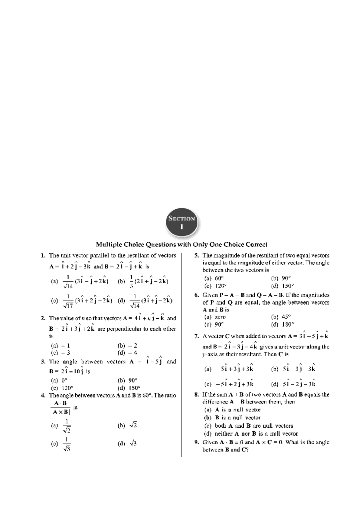Vectors - SECTION I Multiple Choice Questions with Only One Choice ...