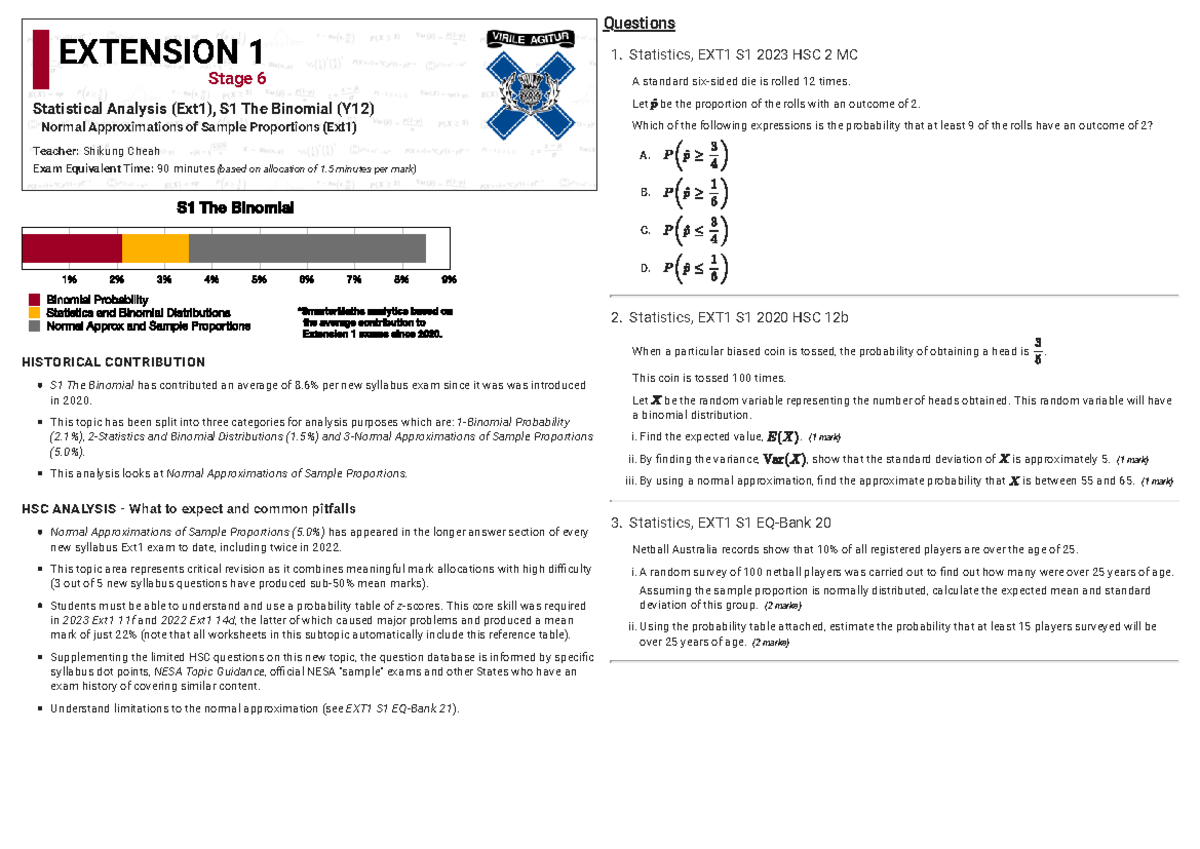 X1 Binomial Stats - math - Statistical Analysis (Ext1), S1 The Binomial ...