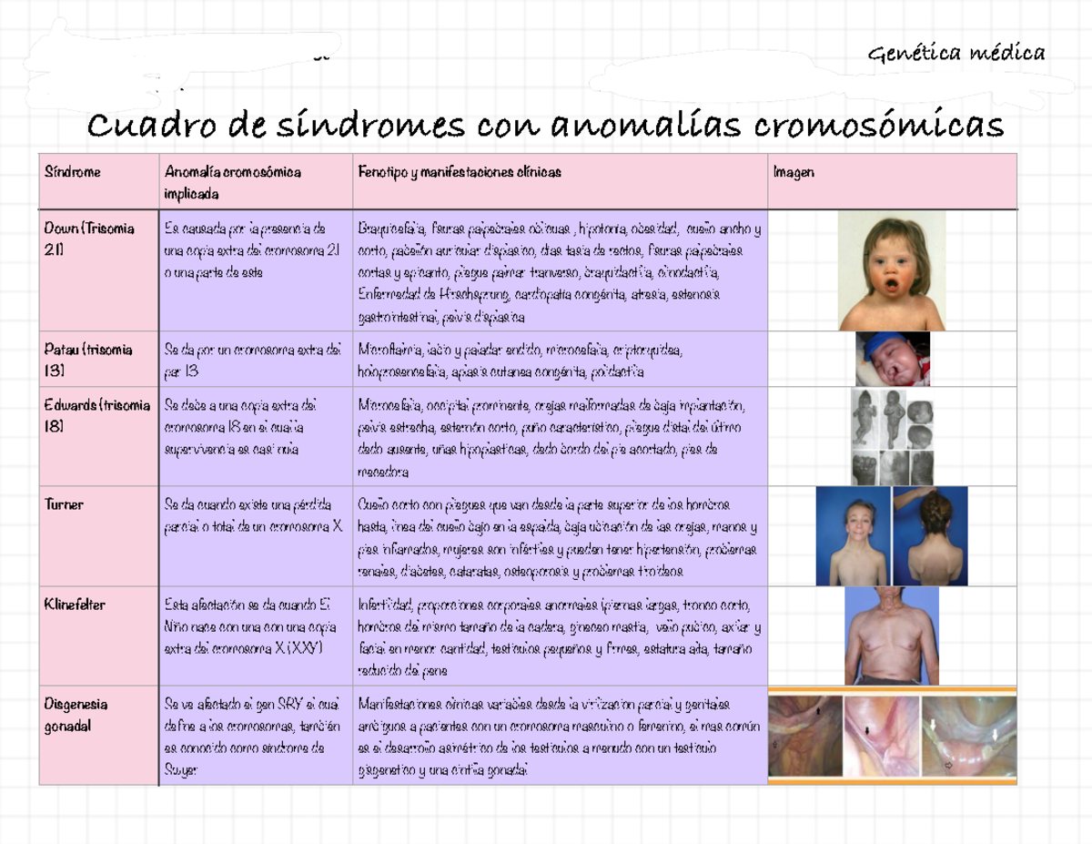 Cuadro de Sx con anomalías cromosómicas - Haro Martínez Tania Arlet Genética médica 217447645 ...