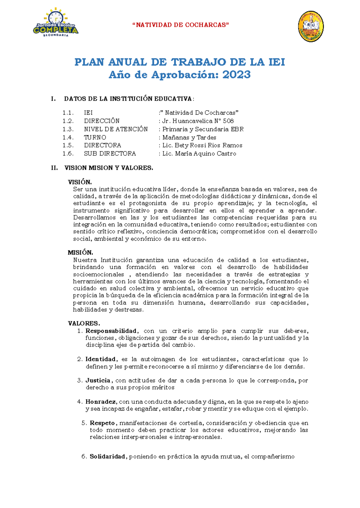 PAT 2023 IEI NC - apuntes - PLAN ANUAL DE TRABAJO DE LA IEI Año de ...