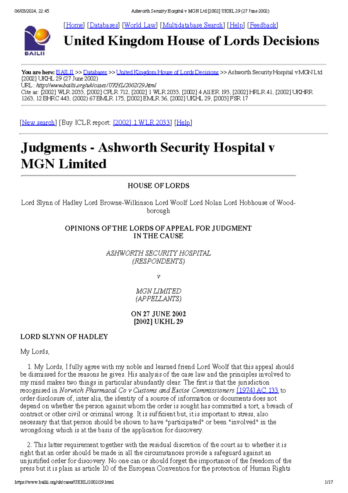 Ashworth Security Hospital v MGN Ltd [2002 ] UKHL 29 (27 June 2002 ...