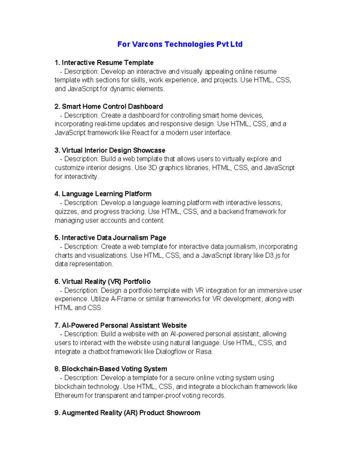 Varcons project development list - For Varcons Technologies Pvt Ltd 1 ...