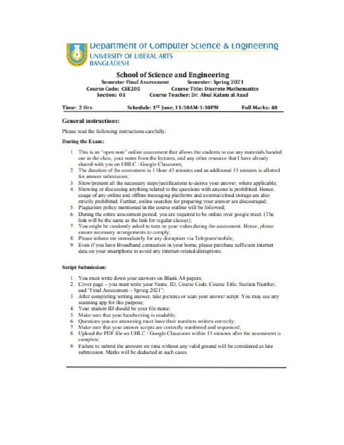 Final Spring 21 - ... - Discrete Mathematics - Studocu
