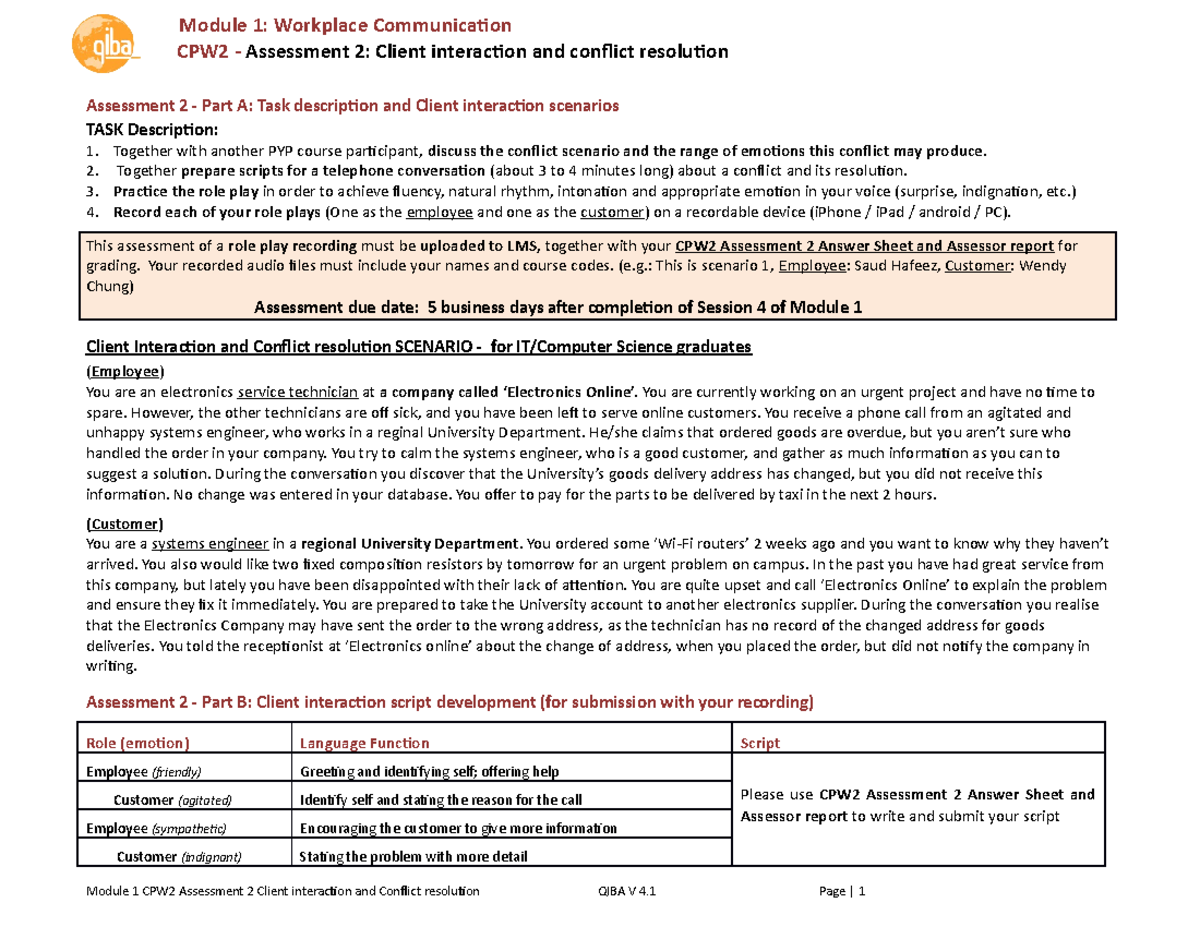 Module 1 CPW2 Assessment 2 Client interaction and Conflict resolution ...