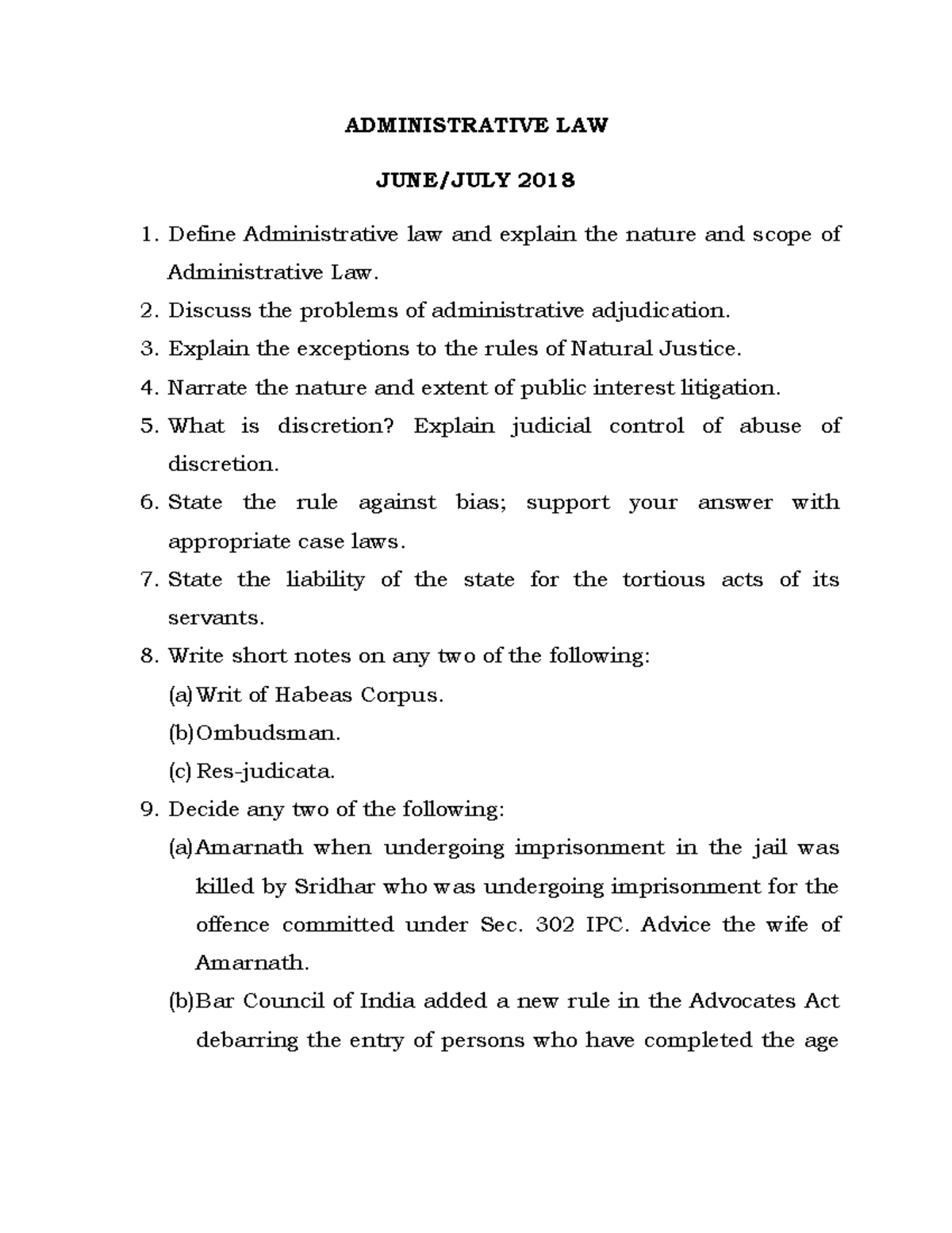 Exam 25 December 2018, questions - ADMINISTRATIVE LAW 2018 1. Define ...
