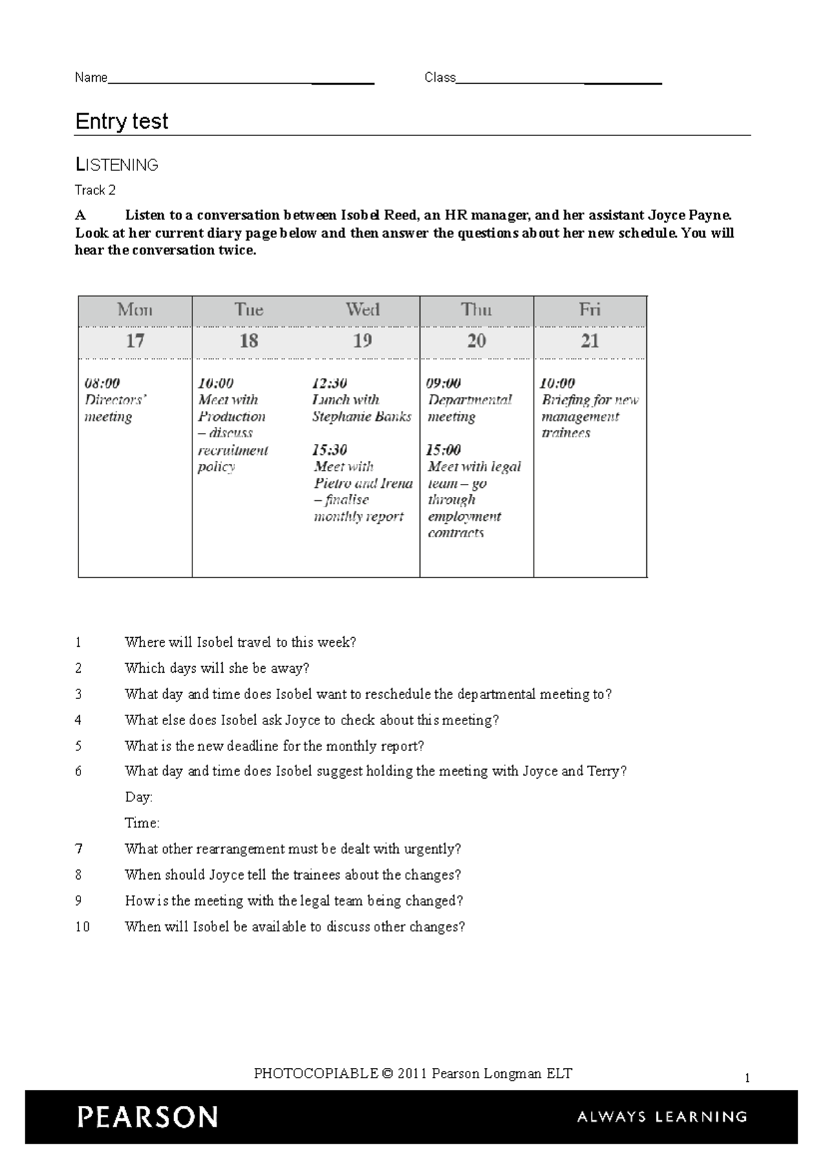 Entry Test pearson - Name __________ Class ____________ Entry test ...