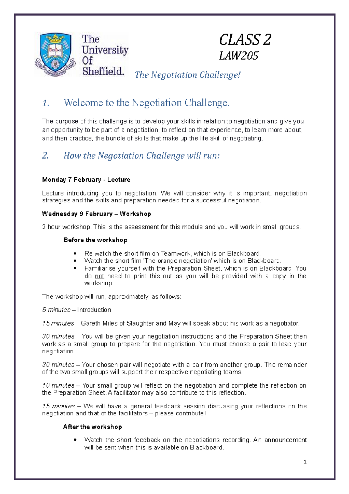Class 2 Negotiation Challenge Student worksheet 21-22 - CLASS 2 LAW The ...