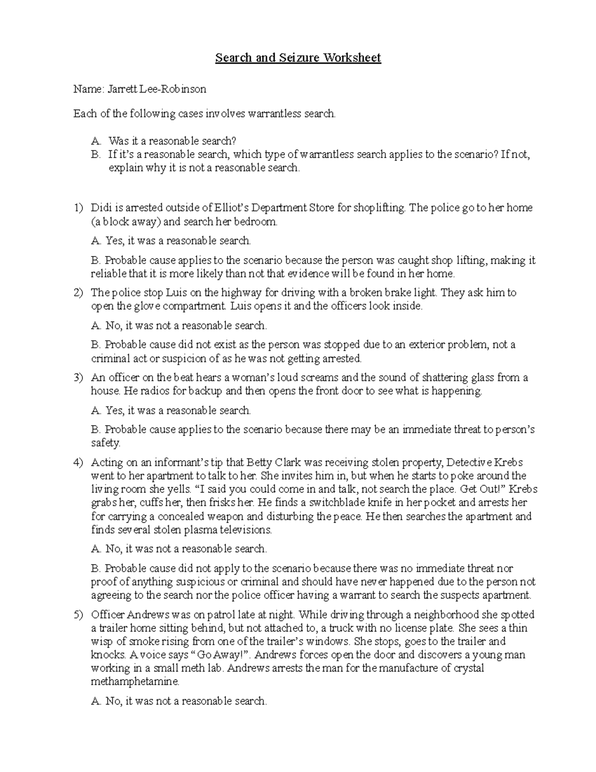Jarrett HWChp 6-Search Seizure In-Class - Search and Seizure Worksheet ...