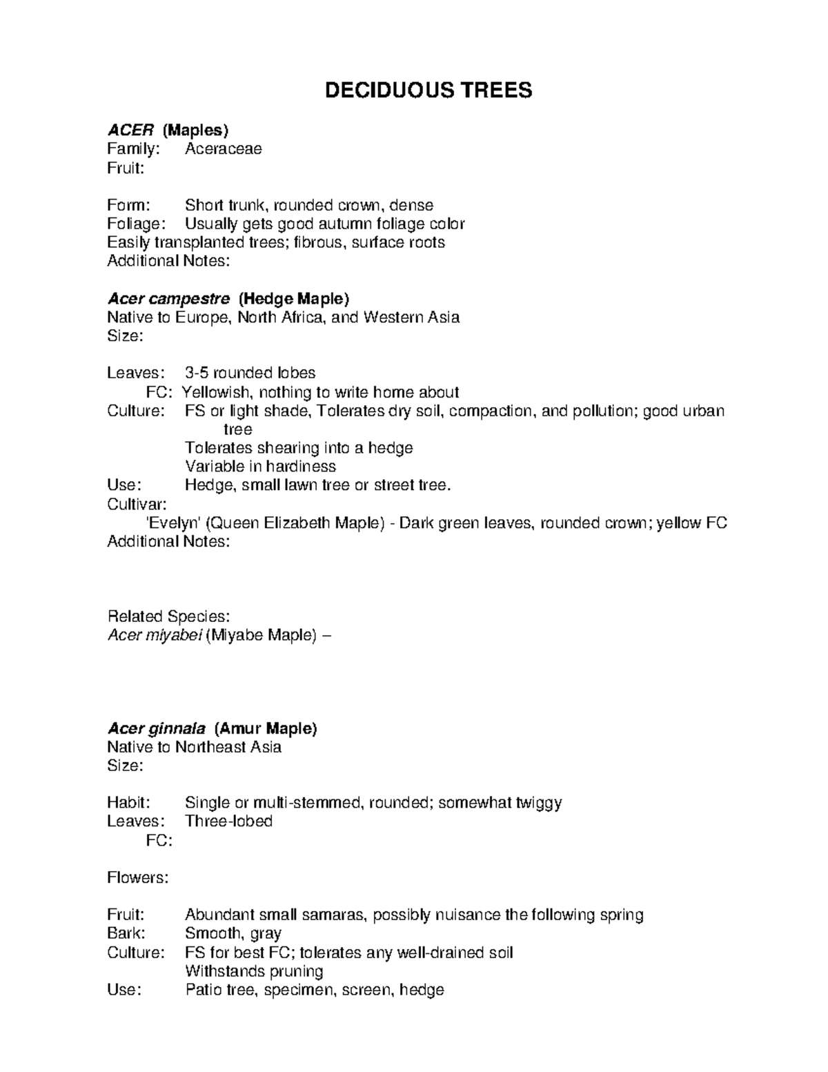 HORT 130 Tree and Shrub Lecture Notes - DECIDUOUS TREES ACER (Maples ...