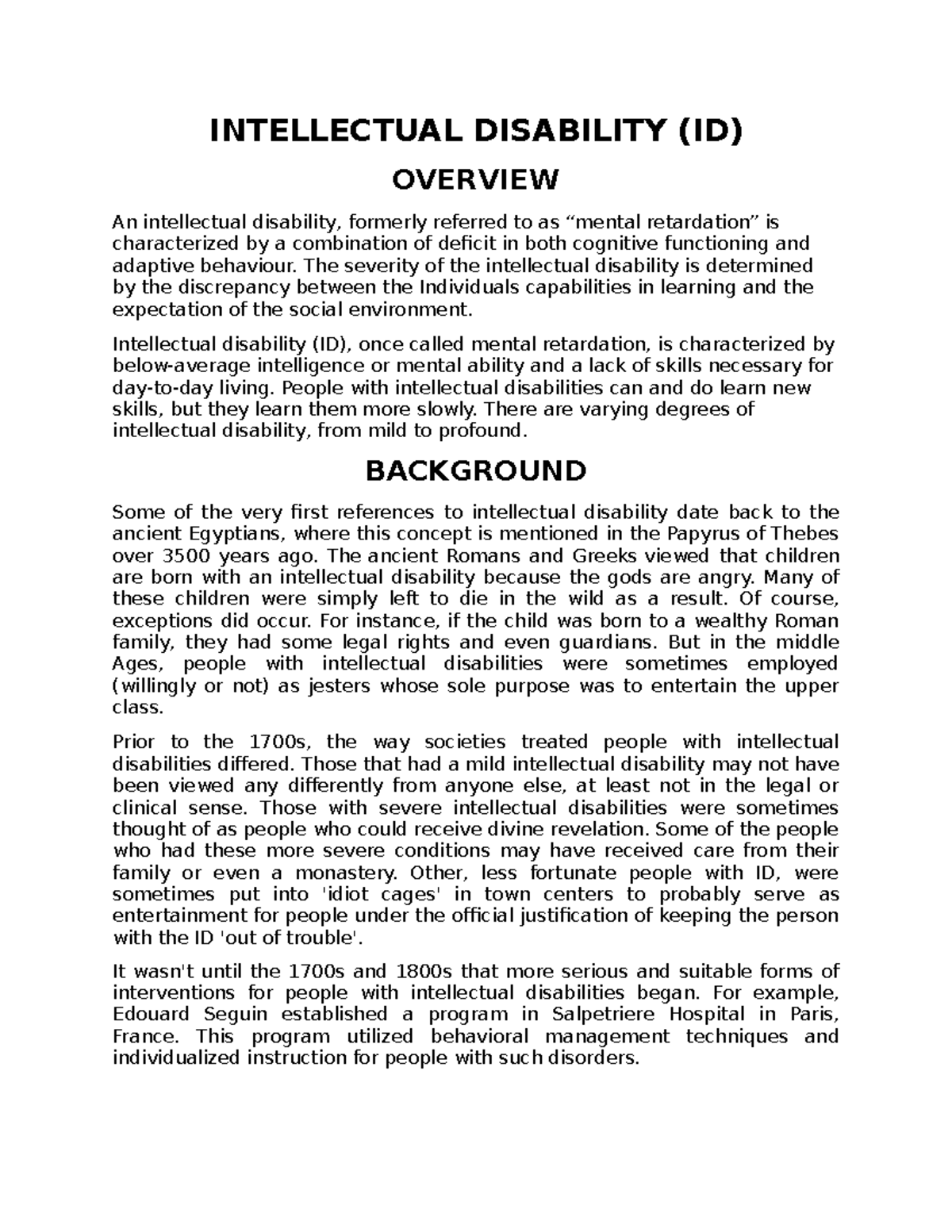 Intellectual Disability - INTELLECTUAL DISABILITY (ID) OVERVIEW An ...