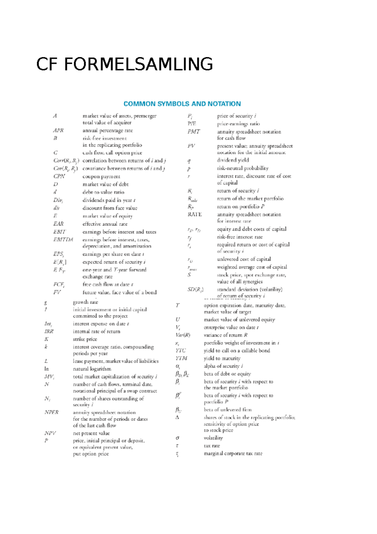 CF Formelsamling - CF FORMELSAMLING Definition Formula Symbols meaning ...