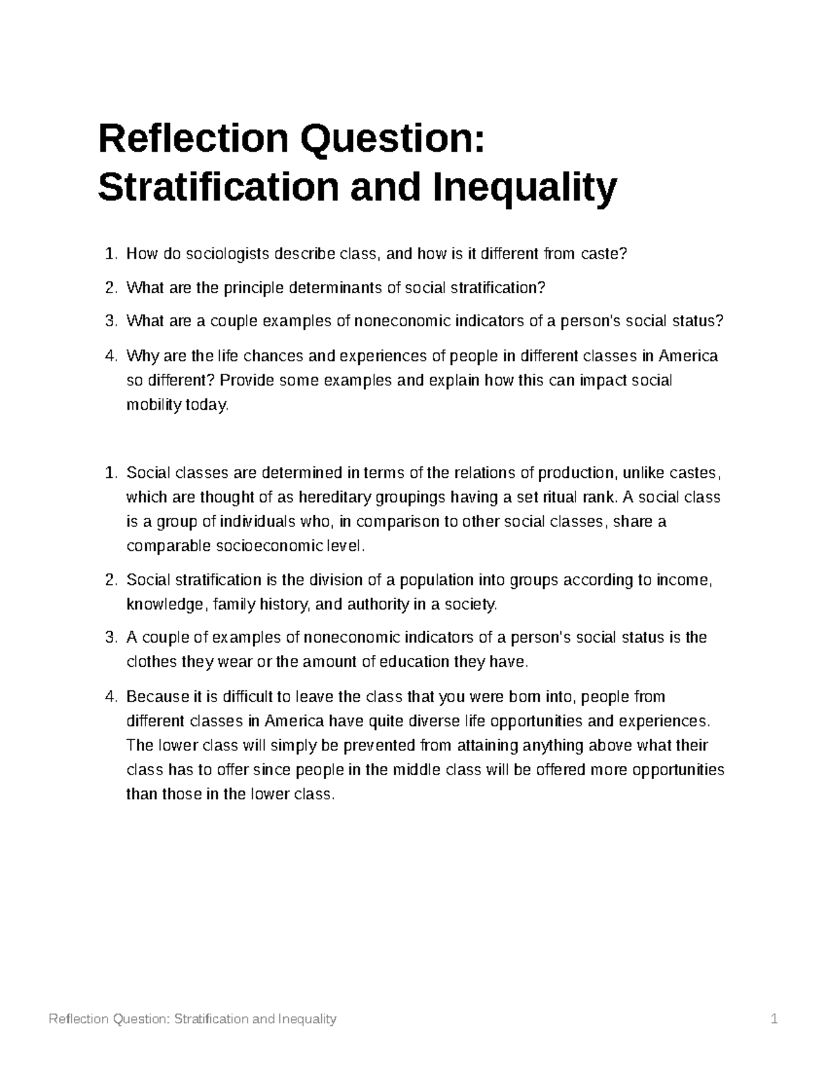 Reflection Question Stratification and Inequality - Social classes are ...
