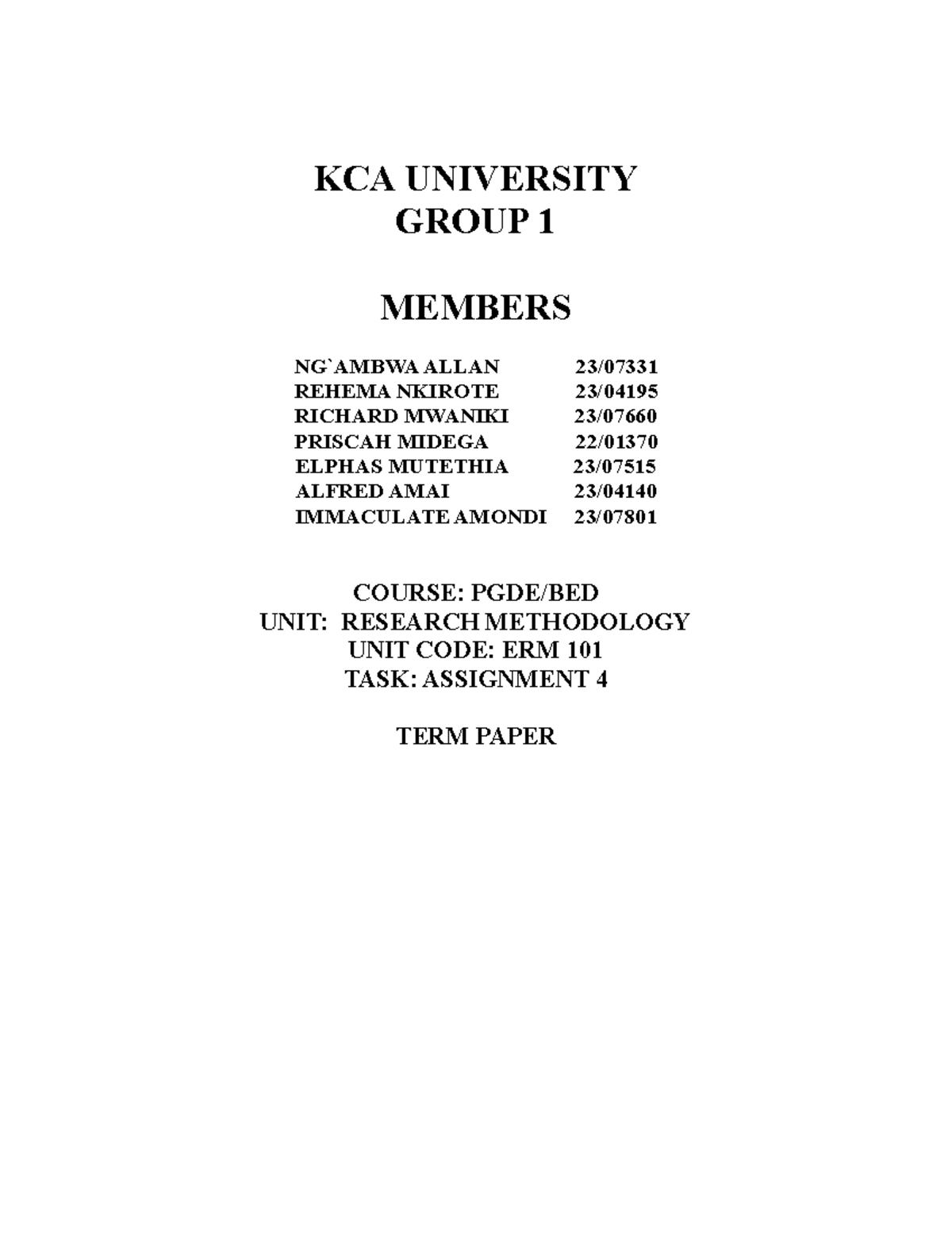 ERM Assignment 4 - KCA UNIVERSITY GROUP 1 MEMBERS NG`AMBWA ALLAN 23/ REHEMA NKIROTE 23/ RICHARD ...