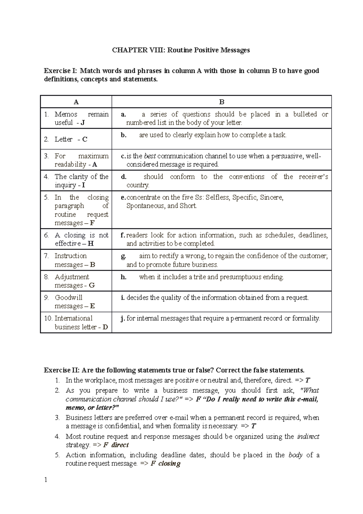 Chapter 8 homework - CHAPTER VIII: Routine Positive Messages Exercise I: Match words and phrases ...