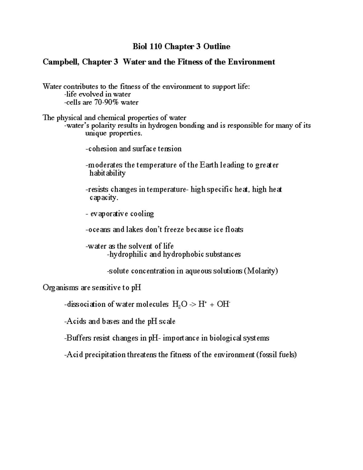 Chapter 3 and 4 - Biol 110 Chapter 3 Outline Campbell, Chapter 3 Water and the Fitness of the ...