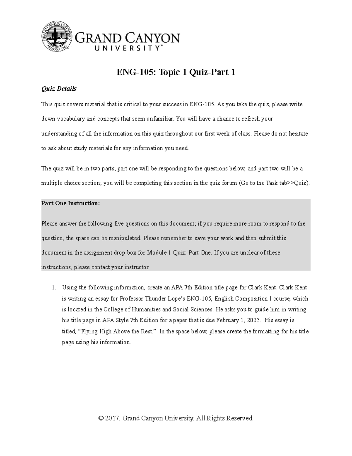 Eng 105 Q T1 Quiz Part1 Notes Apa Eng 105 Topic 1 Quiz Part 1 Quiz Details This Quiz Covers