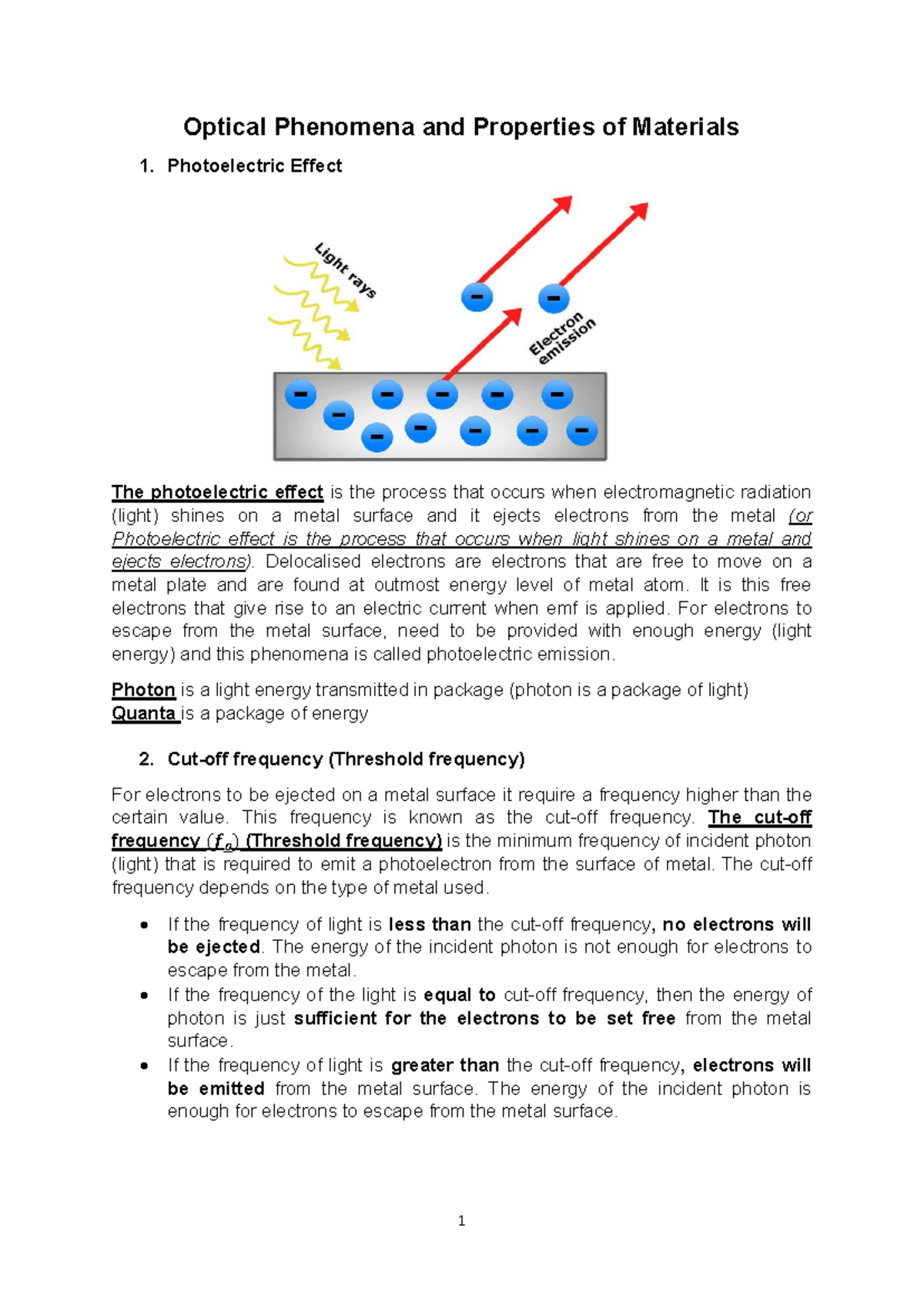 Photoeletric effect - Photoelectric notes - Optical Phenomena and ...
