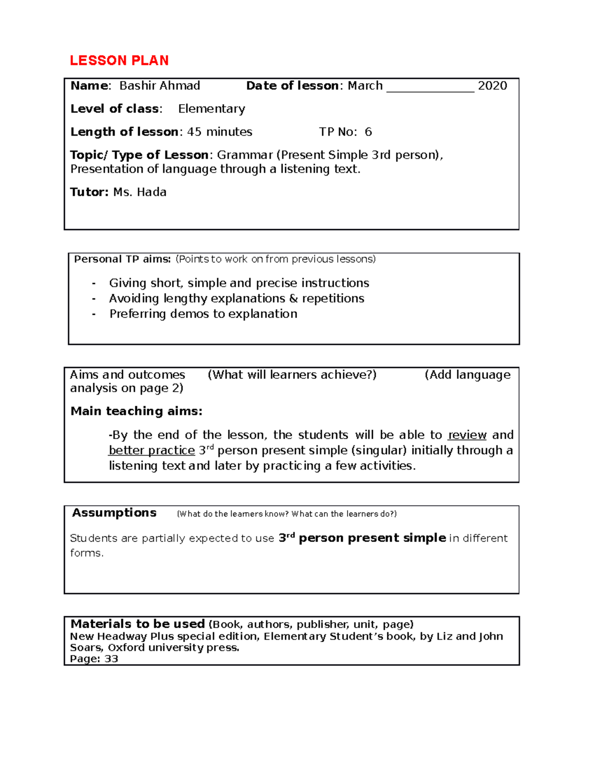 TP-6 Lesson Plan Edited - LESSON PLAN Name: Bashir Ahmad Date of lesson ...