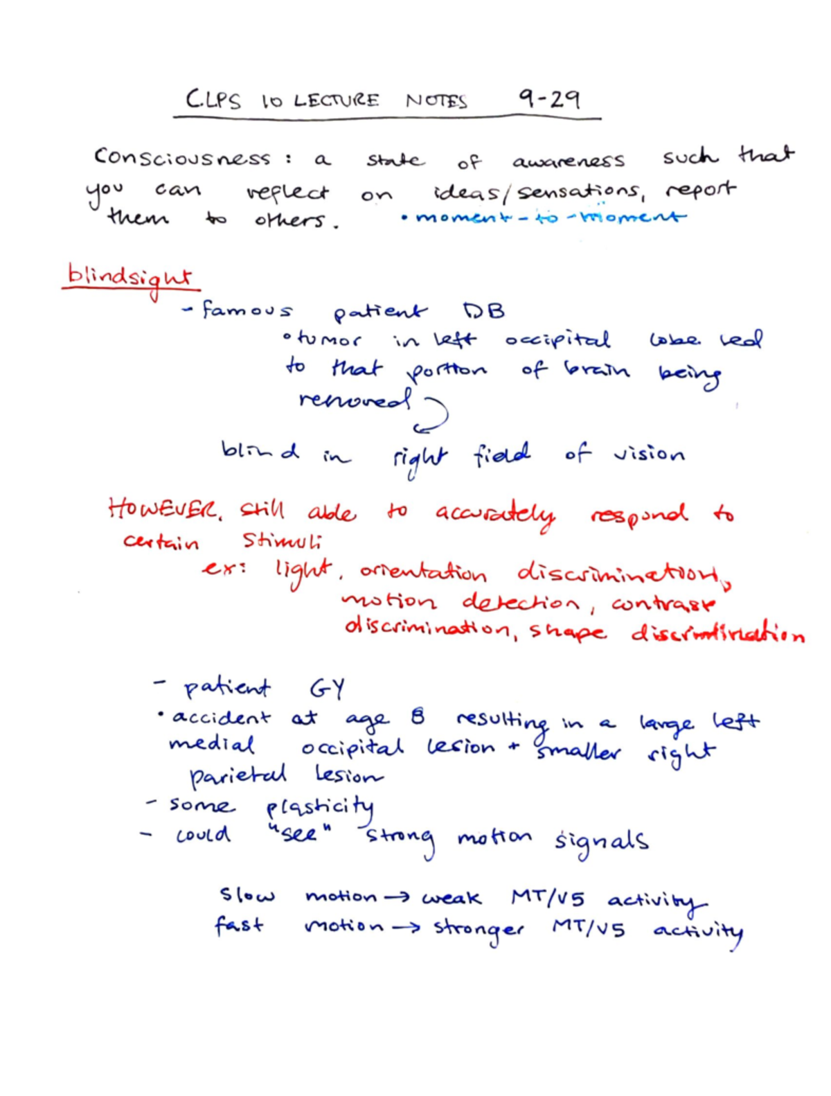 CLPS 10 notes 9-28 - lecture - CLPS 10 LECTURE NOTES Consciousness: a ...