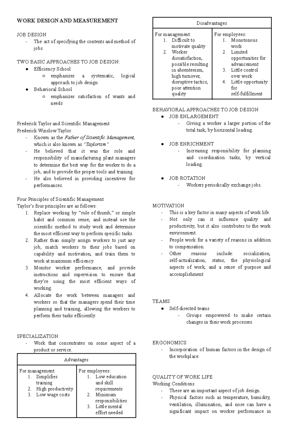 Reviewer - OM-TQM - WORK DESIGN AND MEASUREMENT JOB DESIGN The act of ...