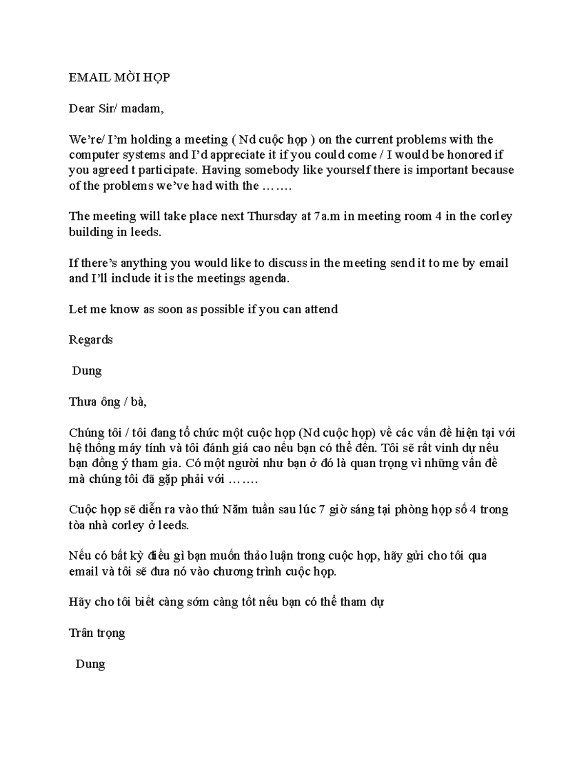 Mẫu email - 876544 - EMAIL MỜI HỌP Dear Sir/ madam, We’re/ I’m holding ...