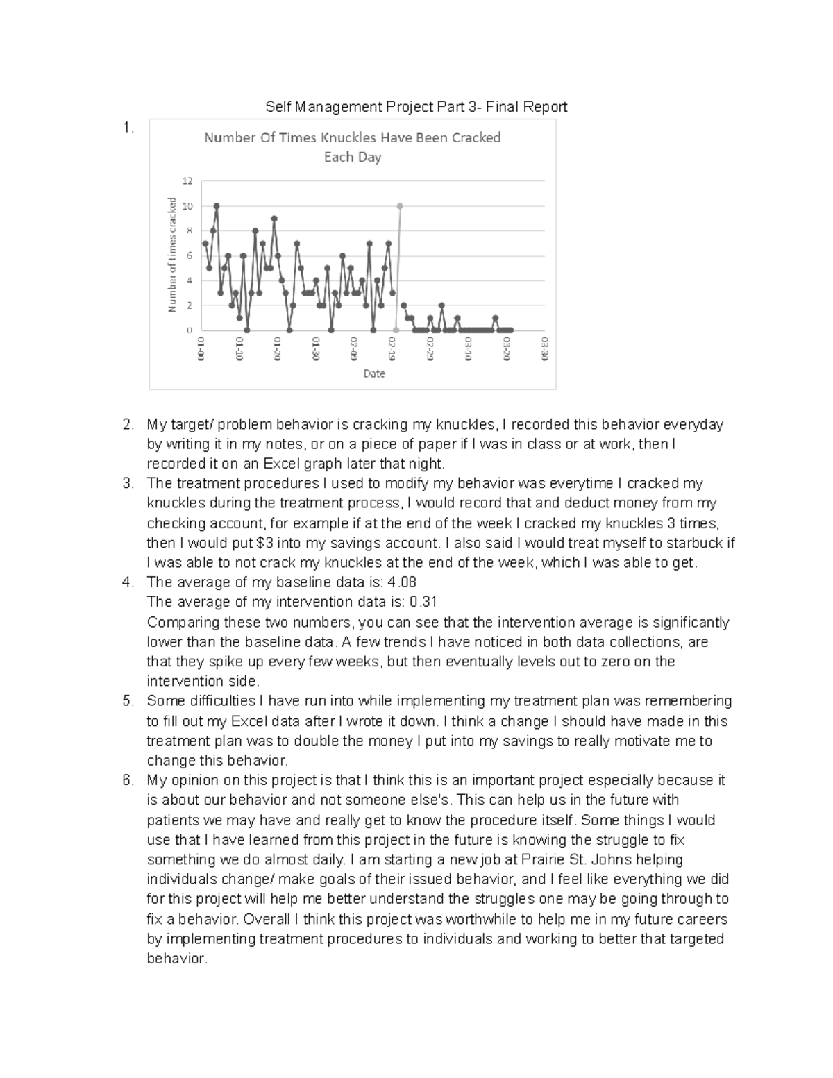 Part 3 in Behavior Modification Project - Self Management Project Part 3- Final Report 1. 2. My ...