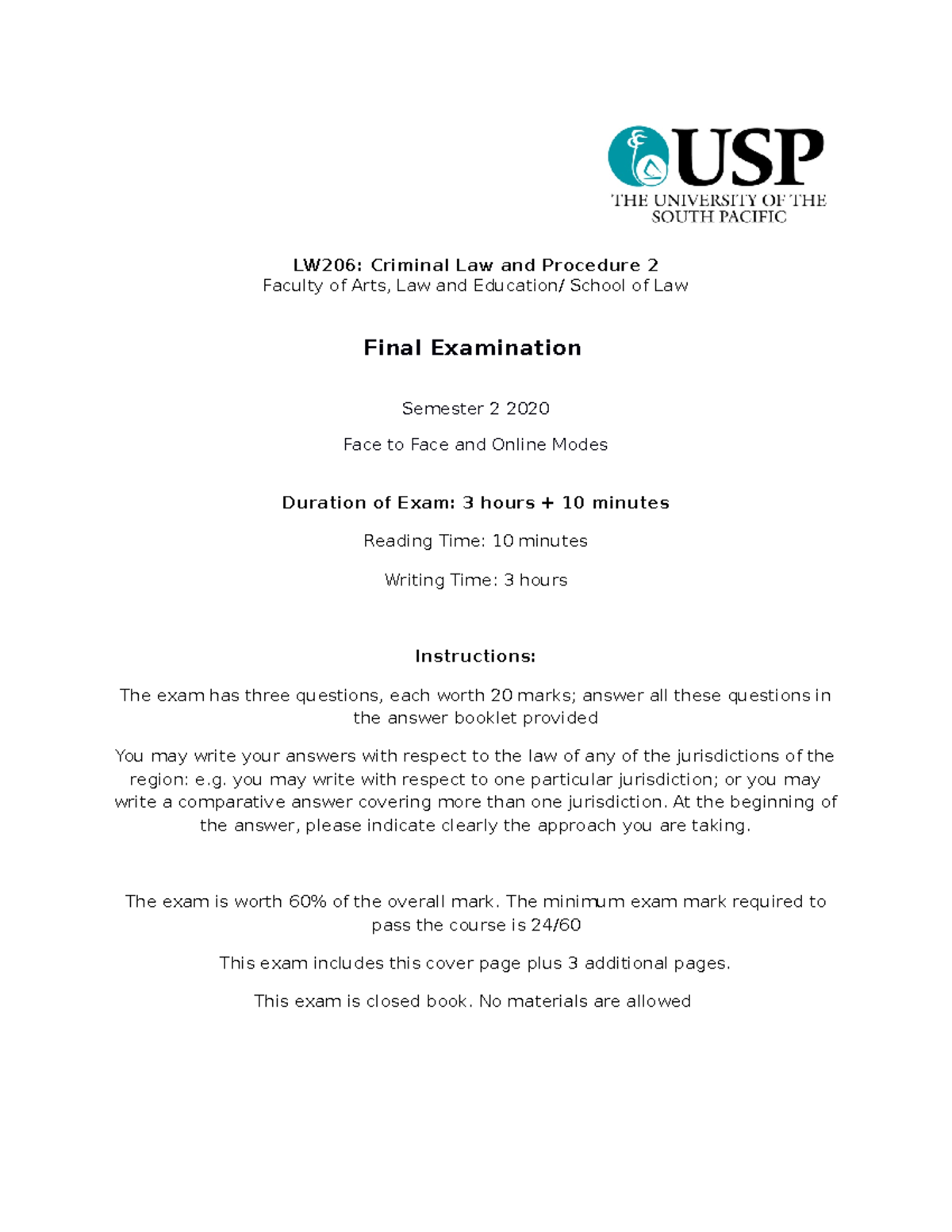 LW206 2020 Final Exam - Effort. - Criminal Law and Procedure 2 - USP ...