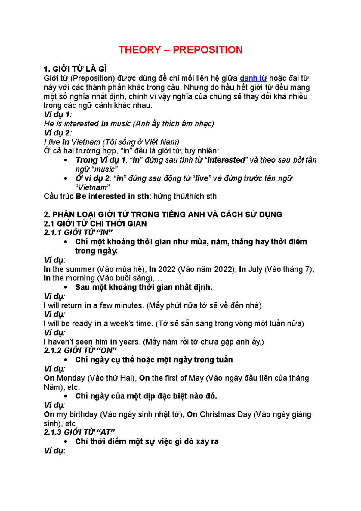 Theory - Preposition - THEORY – PREPOSITION 1. GIỚI TỪ LÀ GÌ Giới từ ...