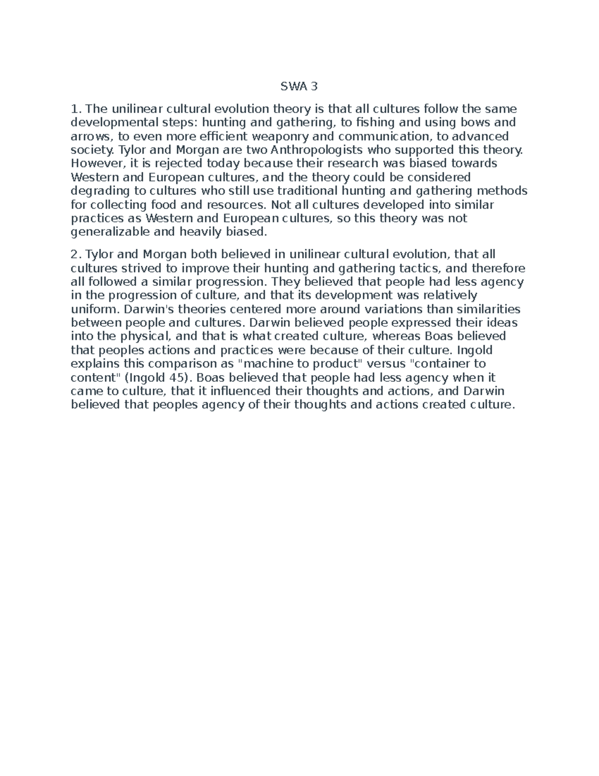 ANTH205 SWA 3 - Professor Mitchell - SWA 3 The unilinear cultural ...
