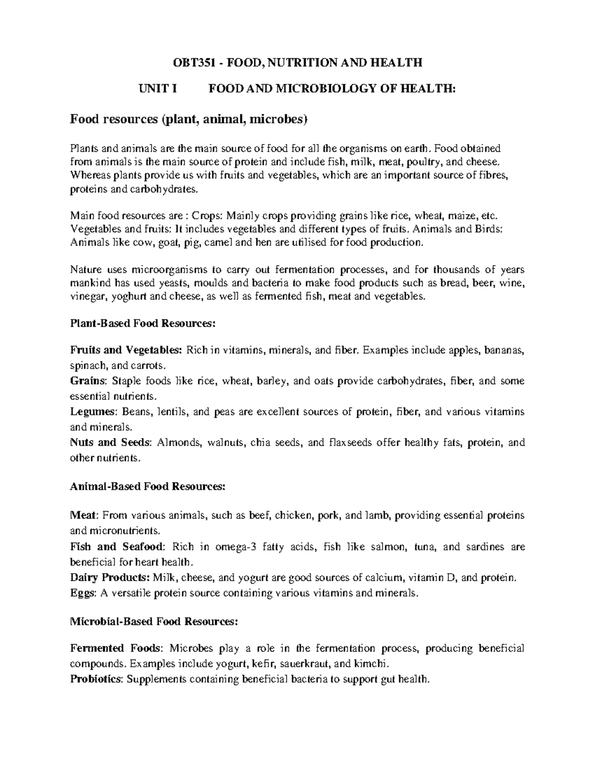 UNIT-I - OBT351 - Unit 1 notes - OBT351 - FOOD, NUTRITION AND HEALTH ...