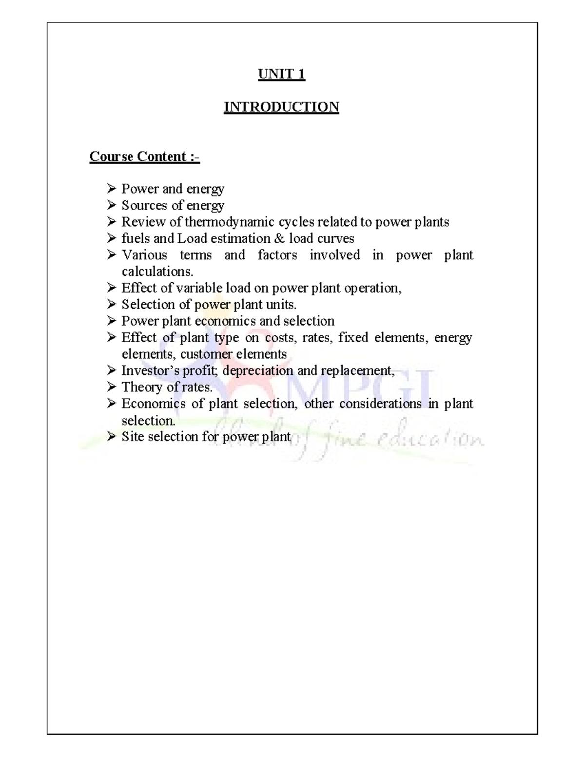UNIT 1 - UNIT 1 INTRODUCTION Course Content :- Power and energy Sources ...