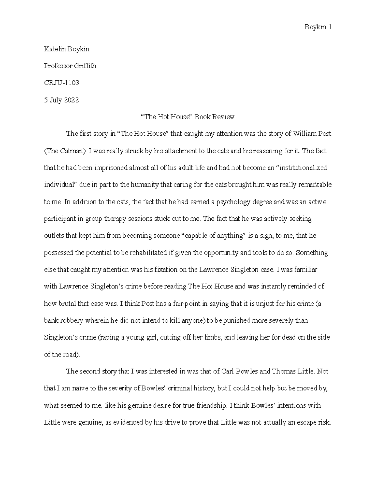 Hot House Book Review - Boykin 1 Katelin Boykin Professor Griffith CRJU ...