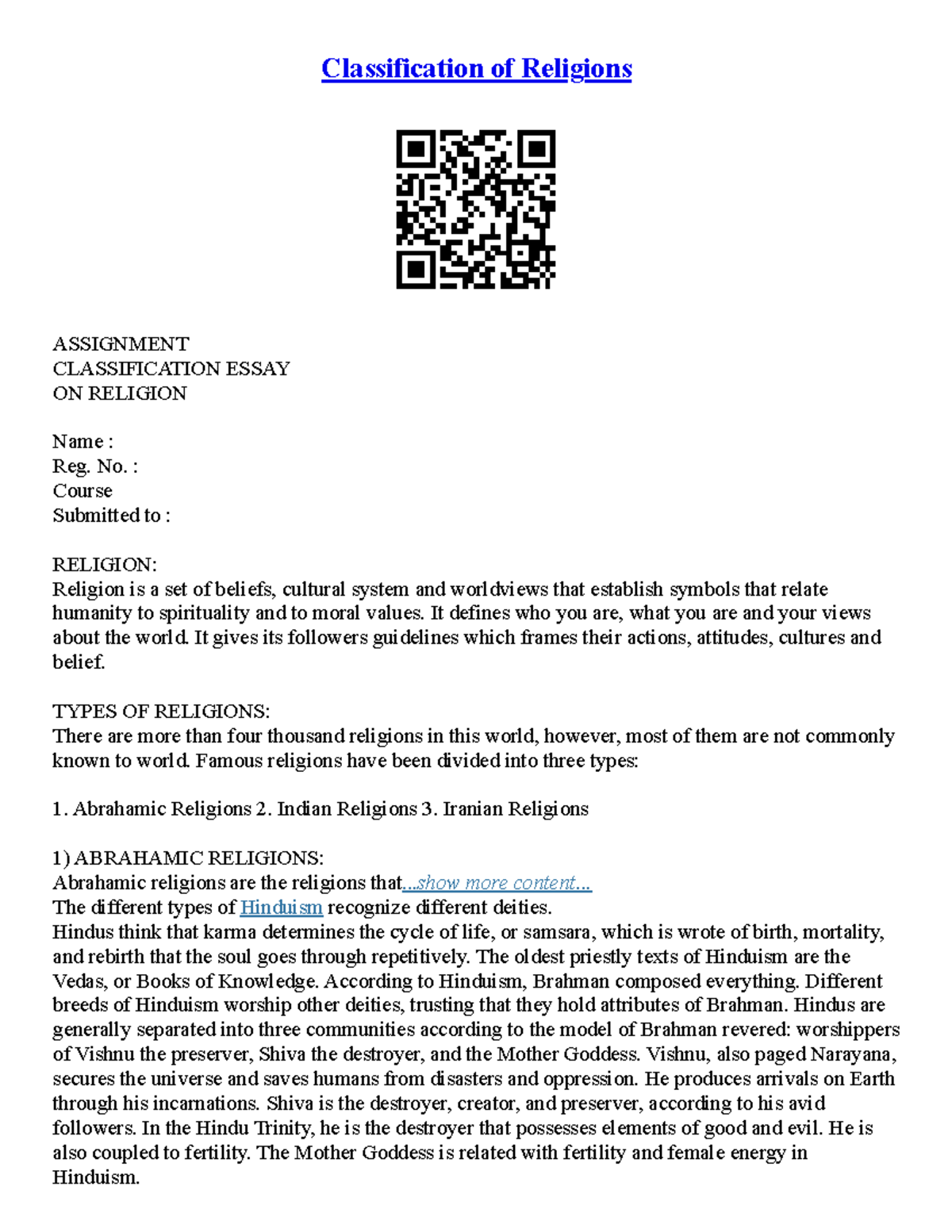 Essay Classification - Classification of Religions ASSIGNMENT ...