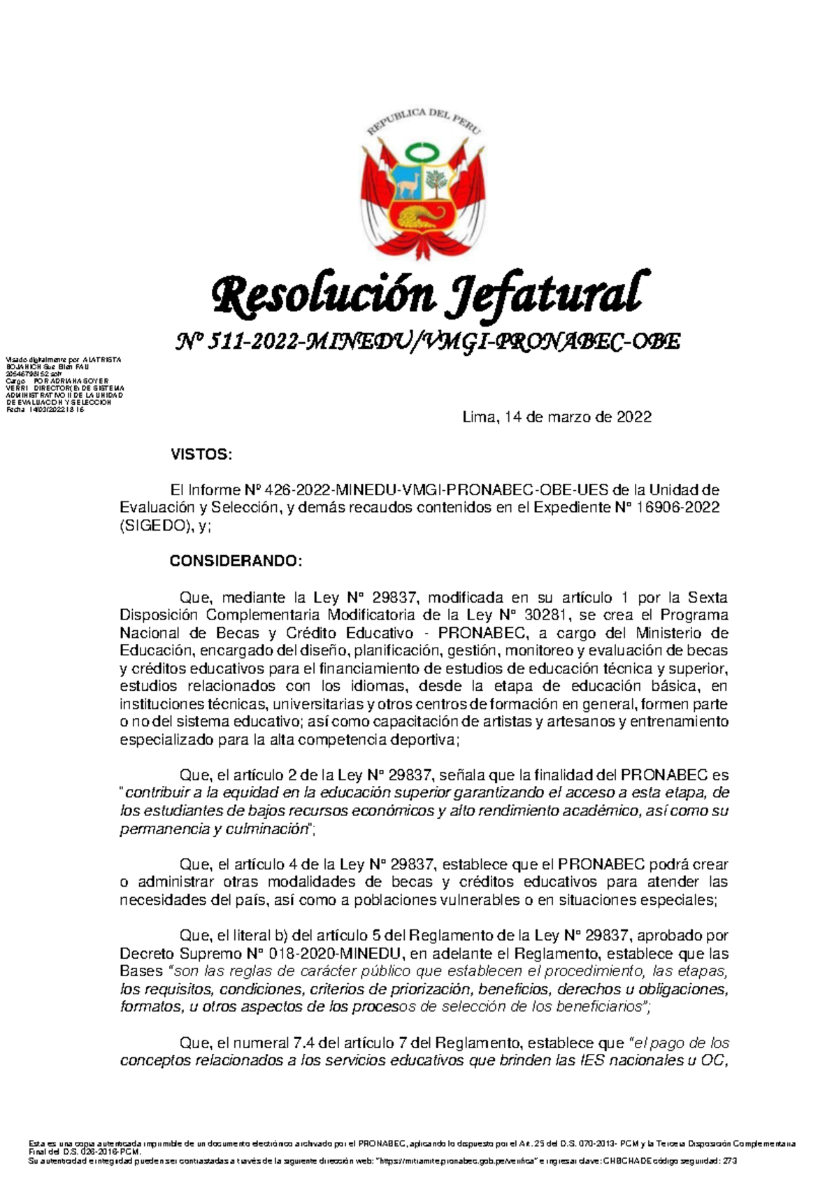 RJ n.º 511-2022- Minedu-VMGI- Pronabec-OBE - Resolución Jefatural Nº ...