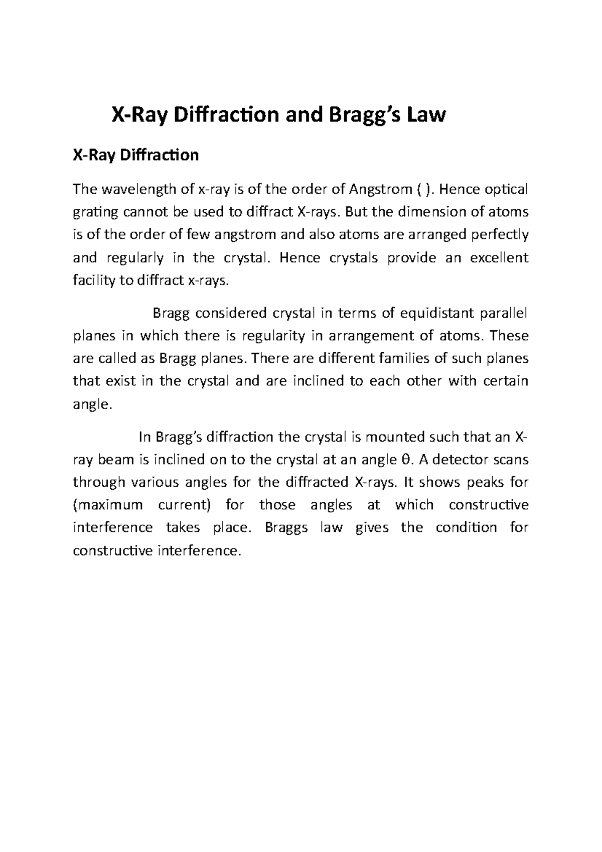 X-Ray Diffractin and Bragg's Law - X-Ray Diffraction and Bragg’s Law X ...