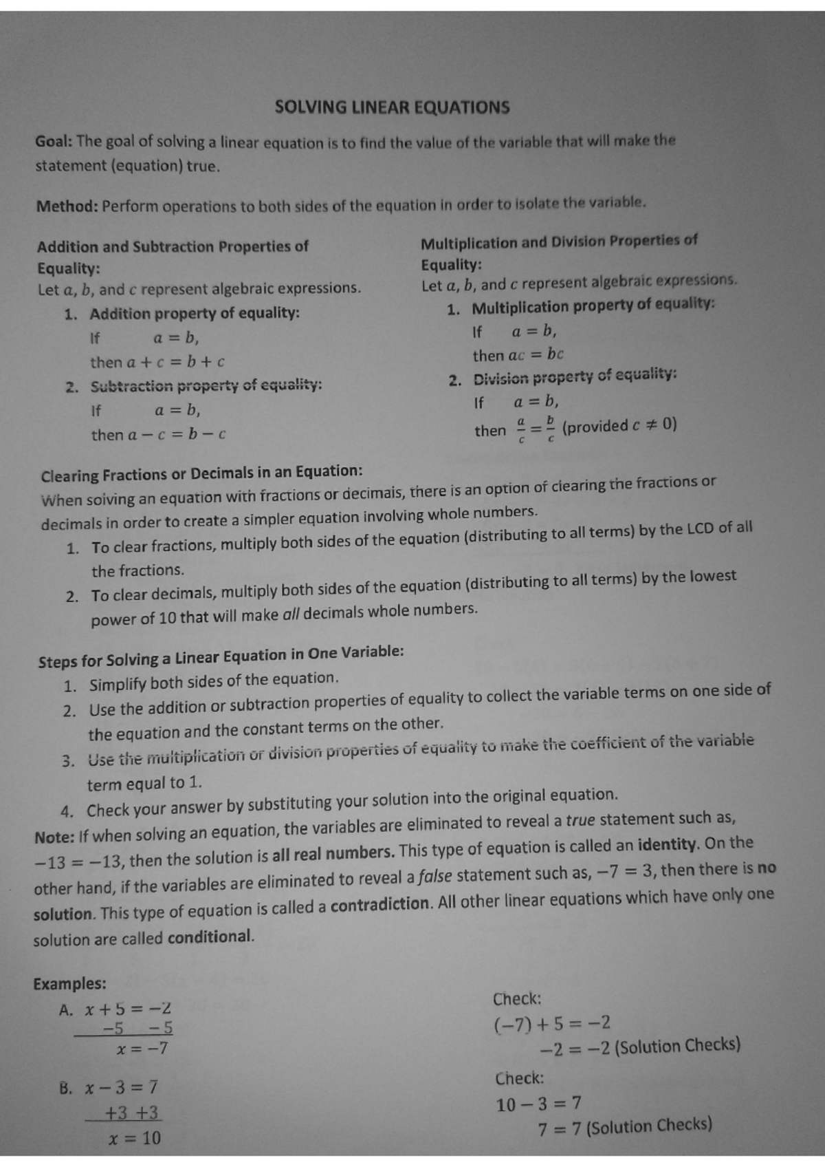 Document-13 - Linear equations - SOLVING LINEAR EQUATIONS Goal: The ...